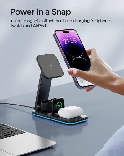 Mag-Safe Wireless Charger-Hohosb 3 in 1 Mag-Safe Charging Station,Magnetic Foldable Charging Stand for iPhone 14/13/12 Series,AirPods Pro/2/3,iWatch 8/7/6/SE/5/4/3/2-Black(18W Adapter Included)