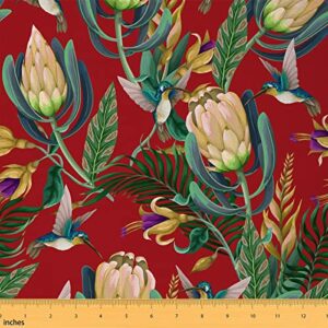 flower hummingbird fabric by the yard,plam leaves tropical plant upholstery fabric for sewing lover,retro farmhouse style waterproof outdoor fabric crafting supplies,1 yard