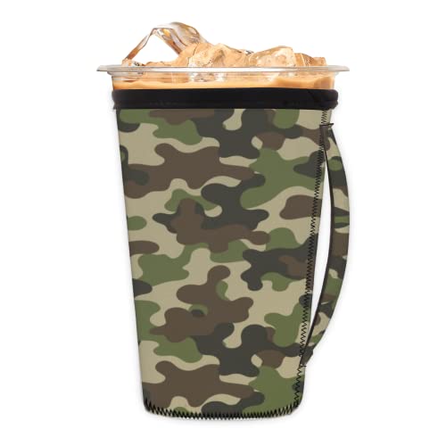 Green Camouflage Camo Ice Iced Coffee Sleeve with Handle Reusable Cup Cover Neoprene Coffee Sleeves Insulator Cup Sleeve Holder for Summer Cold Drinks Coffee Beverages Size L for 30-32 oz