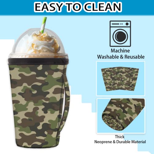 Green Camouflage Camo Ice Iced Coffee Sleeve with Handle Reusable Cup Cover Neoprene Coffee Sleeves Insulator Cup Sleeve Holder for Summer Cold Drinks Coffee Beverages Size L for 30-32 oz