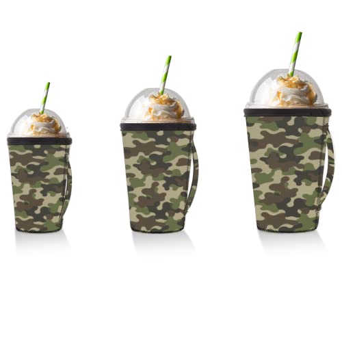 Green Camouflage Camo Ice Iced Coffee Sleeve with Handle Reusable Cup Cover Neoprene Coffee Sleeves Insulator Cup Sleeve Holder for Summer Cold Drinks Coffee Beverages Size L for 30-32 oz