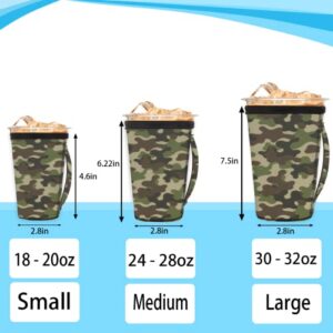 Green Camouflage Camo Ice Iced Coffee Sleeve with Handle Reusable Cup Cover Neoprene Coffee Sleeves Insulator Cup Sleeve Holder for Summer Cold Drinks Coffee Beverages Size L for 30-32 oz