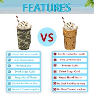 Green Camouflage Camo Ice Iced Coffee Sleeve with Handle Reusable Cup Cover Neoprene Coffee Sleeves Insulator Cup Sleeve Holder for Summer Cold Drinks Coffee Beverages Size L for 30-32 oz