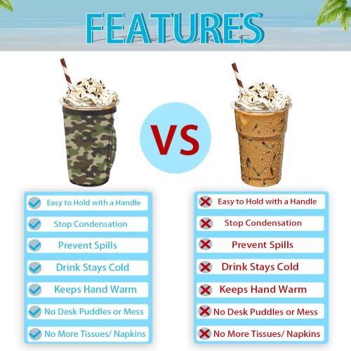 Green Camouflage Camo Ice Iced Coffee Sleeve with Handle Reusable Cup Cover Neoprene Coffee Sleeves Insulator Cup Sleeve Holder for Summer Cold Drinks Coffee Beverages Size L for 30-32 oz