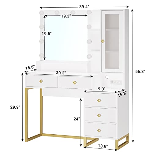 Tiptiper Large Makeup Vanity with Lights, Vanity Table with Charging Station Vanity Desk with Mirror and 10 LED Light Bulbs, Makeup Table with with 5 Drawers, Nightstand and Storage Shelves, White