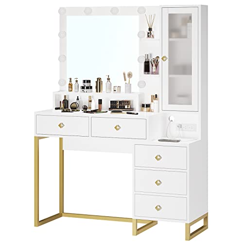 Tiptiper Large Makeup Vanity with Lights, Vanity Table with Charging Station Vanity Desk with Mirror and 10 LED Light Bulbs, Makeup Table with with 5 Drawers, Nightstand and Storage Shelves, White