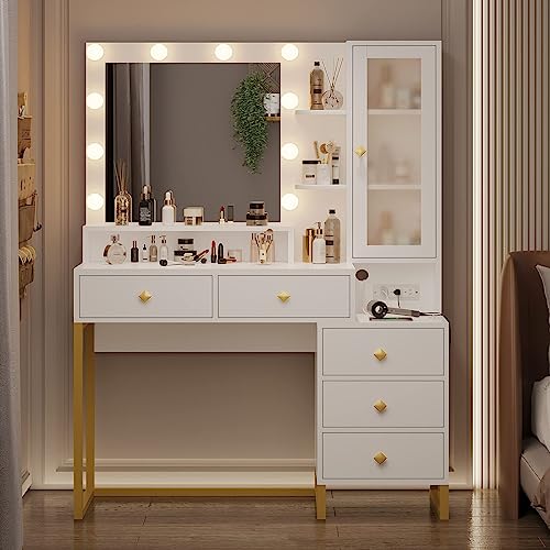 Tiptiper Large Makeup Vanity with Lights, Vanity Table with Charging Station Vanity Desk with Mirror and 10 LED Light Bulbs, Makeup Table with with 5 Drawers, Nightstand and Storage Shelves, White