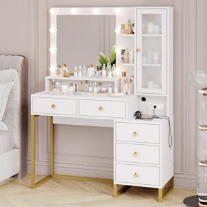 Tiptiper Large Makeup Vanity with Lights, Vanity Table with Charging Station Vanity Desk with Mirror and 10 LED Light Bulbs, Makeup Table with with 5 Drawers, Nightstand and Storage Shelves, White