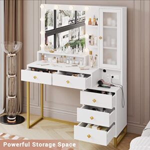 Tiptiper Large Makeup Vanity with Lights, Vanity Table with Charging Station Vanity Desk with Mirror and 10 LED Light Bulbs, Makeup Table with with 5 Drawers, Nightstand and Storage Shelves, White