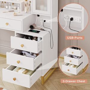 Tiptiper Large Makeup Vanity with Lights, Vanity Table with Charging Station Vanity Desk with Mirror and 10 LED Light Bulbs, Makeup Table with with 5 Drawers, Nightstand and Storage Shelves, White