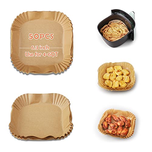 VILIWIN Air Fryer Paper Liners, 50PCS Airfryer Oven Disposable Square Parchment Liner, Oil Resistant Waterproof Non-Stick Basket Food Grade Baking Paper Liners 6.3 inch for 4-6 QT Air Fryers Basket