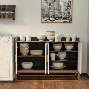 LyuHome Buffet Cabinet with Storage Modern Sideboard Cabinet for Kitchen Farmhouse Cabinet for Dining Room and Living Room with Door (Black and Gold