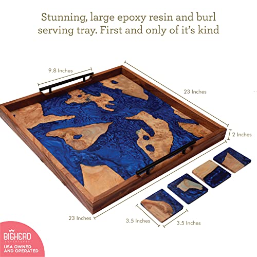 Bighead Epoxy Serving Tray Burl Tray with Epoxy Resin- Large Sized Blue Epoxy Wooden Tray-Ocean Inspired Resin Serving Tray for Home Decor Coffee Tray-with 4 Coaster Set (Blue)