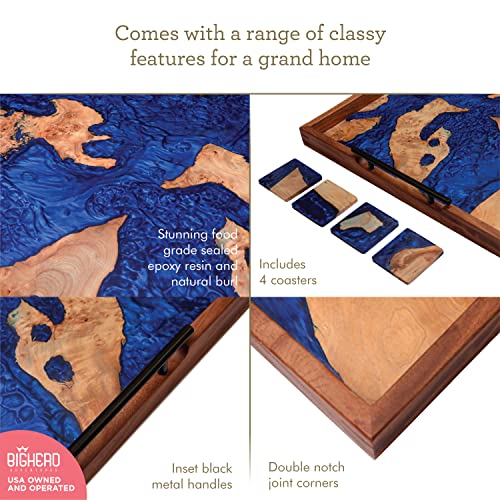 Bighead Epoxy Serving Tray Burl Tray with Epoxy Resin- Large Sized Blue Epoxy Wooden Tray-Ocean Inspired Resin Serving Tray for Home Decor Coffee Tray-with 4 Coaster Set (Blue)