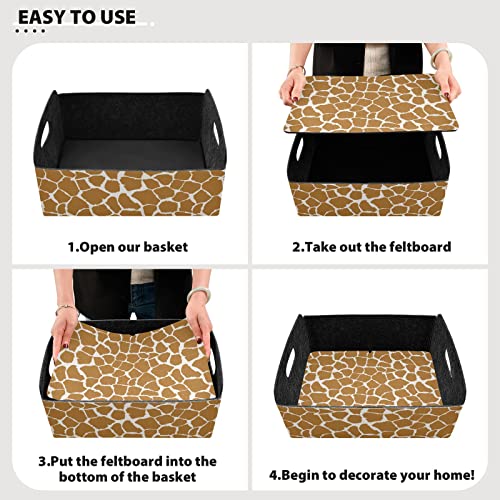 CaTaKu Foldable Storage Basket Animal Print Giraffe Collapsible Felt Storage Bins with Handle Drawer Organizer Bin Cube Shelf Box for Organizing Closet Clothes Office Books Bedroom