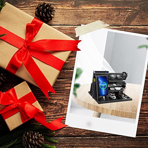 Gifts for Men Wood Phone Docking Station Mens Gifts for Christmas Key Holder Wallet Stand Watch Organizer Men Gift Husband Wife Dad Birthday Gifts for Him Nightstand Organizer Father Male Idea Gadgets