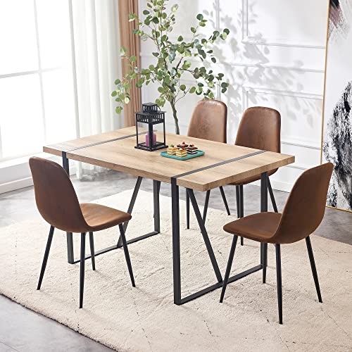 gopop 5 Piece Dining Table Set, Modern Dining Chairs Set of 4, Mid Century Wooden Kitchen Table Set, Metal Base & Legs, Dining Room Table and Leather Chairs.