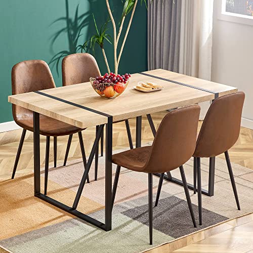 gopop 5 Piece Dining Table Set, Modern Dining Chairs Set of 4, Mid Century Wooden Kitchen Table Set, Metal Base & Legs, Dining Room Table and Leather Chairs.