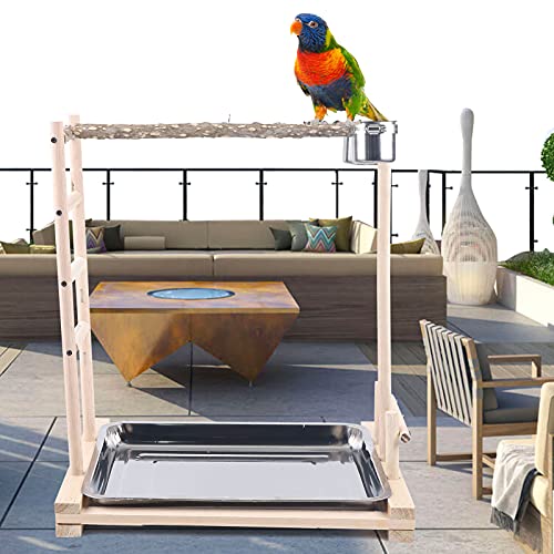 Wooden Perches Bird Stand Large Parrot Perch Playstand with Steel Tray + 2*Food Cup, Game Playing Stick Frame Pet Bird Training Tree Toy for Pets to Play