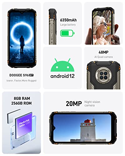 DOOGEE Rugged Smartphone(2022), S96 GT 6.3" 8GB+256GB Waterdrop Screen Rugged Phone Unlocked, Android 12 Phone, Night Vision, 48MP Quad Camera, IP68 Waterproof Ourdoor Cell Phone, NFC, OTG, Dual 4G