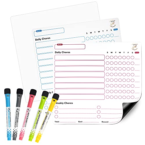 Lilymeche Concept - Magnetic Chore Chart 2 Pcs Dry Erase Behavior Charts, 1 Whiteboard & 5 Magnetic Markers, Reward Chart for Adults & Kids for School, Home and Office, Daily Planner Schedule Board.