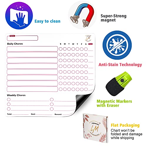 Lilymeche Concept - Magnetic Chore Chart 2 Pcs Dry Erase Behavior Charts, 1 Whiteboard & 5 Magnetic Markers, Reward Chart for Adults & Kids for School, Home and Office, Daily Planner Schedule Board.