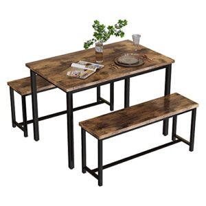 DKLGG Dining Table Set for 4, Industrial 3 Pcs Dining Table Set, Bench Dining Table Set with Metal Frame, Space-Saving Dining Room Furniture for Small Space, Restaurant Table Size 47.2x28.7x28.7 inch