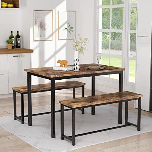 DKLGG Dining Table Set for 4, Industrial 3 Pcs Dining Table Set, Bench Dining Table Set with Metal Frame, Space-Saving Dining Room Furniture for Small Space, Restaurant Table Size 47.2x28.7x28.7 inch