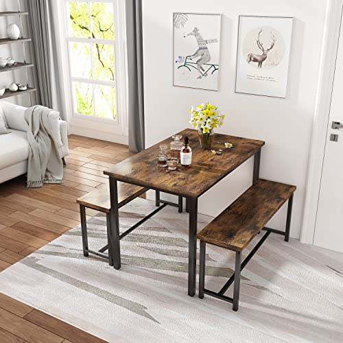 DKLGG Dining Table Set for 4, Industrial 3 Pcs Dining Table Set, Bench Dining Table Set with Metal Frame, Space-Saving Dining Room Furniture for Small Space, Restaurant Table Size 47.2x28.7x28.7 inch