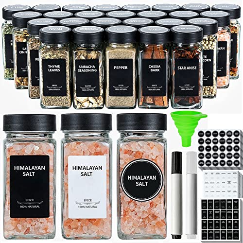 JARXSUN 24 Glass Spice Jars with Label-4oz Spice Containers with Black Lids and Shaker Lids,3 Sets of Spice Labels 1 Collapsible Funnel 2 Erasable Markers (24, Black)