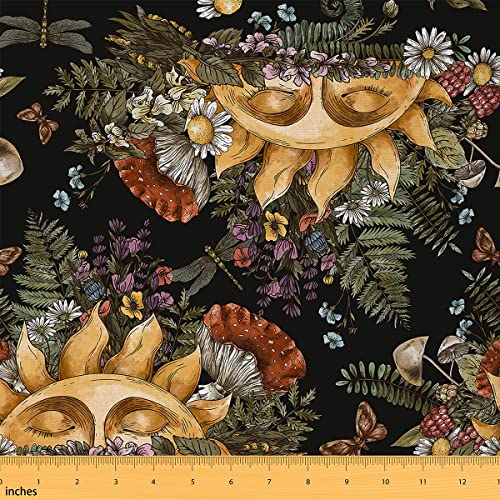 Sun Moon Fabric by The Yard, Bohomian Mushroom Daisy Upholstery Fabric, Gothic Dragonly Butterfly Indoor Outdoor Fabric, Trippy Leaf Halloween Decorative Fabric, DIY Craft Patchwork, 1 Yard, Black