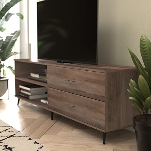 Flash Furniture Nelson Mid Century Modern TV Stand for up to 60" TV's - Walnut Finish - 65" Wide - Adjustable Shelf - 2 Storage Drawers