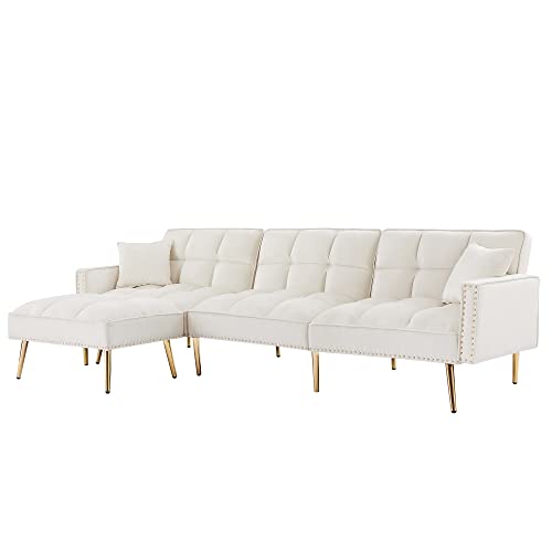 SEVENWOOD Modern Velvet Tufted Reversible Sectional Sofa Couch Bed with Removable Ottoman, Folding Sofa Sleeper Bed with Nailhead Trim Arm and Gold Metal Legs (Off White)