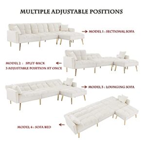 SEVENWOOD Modern Velvet Tufted Reversible Sectional Sofa Couch Bed with Removable Ottoman, Folding Sofa Sleeper Bed with Nailhead Trim Arm and Gold Metal Legs (Off White)