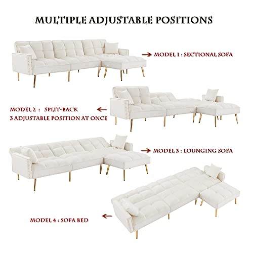 SEVENWOOD Modern Velvet Tufted Reversible Sectional Sofa Couch Bed with Removable Ottoman, Folding Sofa Sleeper Bed with Nailhead Trim Arm and Gold Metal Legs (Off White)