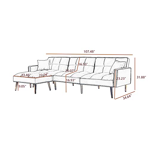 SEVENWOOD Modern Velvet Tufted Reversible Sectional Sofa Couch Bed with Removable Ottoman, Folding Sofa Sleeper Bed with Nailhead Trim Arm and Gold Metal Legs (Off White)