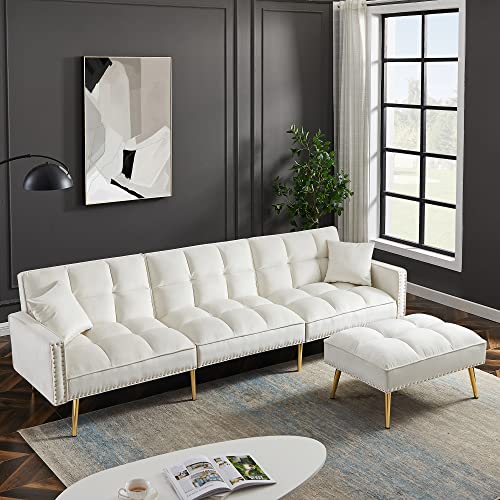 SEVENWOOD Modern Velvet Tufted Reversible Sectional Sofa Couch Bed with Removable Ottoman, Folding Sofa Sleeper Bed with Nailhead Trim Arm and Gold Metal Legs (Off White)