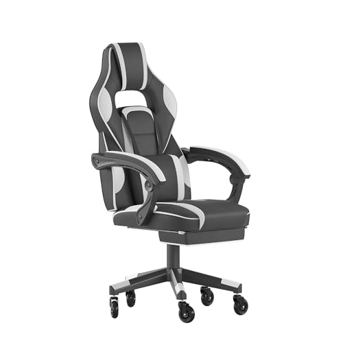 Flash Furniture X40 Gaming Chair Racing Computer Chair with Fully Reclining Back/Arms and Transparent Roller Wheels, Slide-Out Footrest, - White