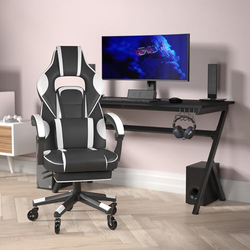 Flash Furniture X40 Gaming Chair Racing Computer Chair with Fully Reclining Back/Arms and Transparent Roller Wheels, Slide-Out Footrest, - White