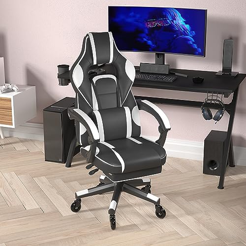 Flash Furniture X40 Gaming Chair Racing Computer Chair with Fully Reclining Back/Arms and Transparent Roller Wheels, Slide-Out Footrest, - White