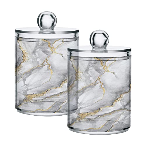 BOENLE 4 Pack Qtip Holder Dispenser White Marble with Gold Veins Bathroom Storage Canister Lid Acrylic Plastic Apothecary Jar Set Vanity Makeup Organizer for Cotton Swab/Ball/Pad/Floss