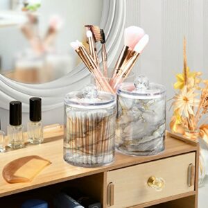 BOENLE 4 Pack Qtip Holder Dispenser White Marble with Gold Veins Bathroom Storage Canister Lid Acrylic Plastic Apothecary Jar Set Vanity Makeup Organizer for Cotton Swab/Ball/Pad/Floss