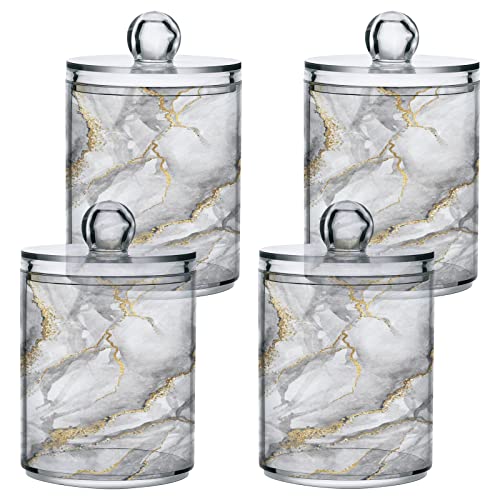 BOENLE 4 Pack Qtip Holder Dispenser White Marble with Gold Veins Bathroom Storage Canister Lid Acrylic Plastic Apothecary Jar Set Vanity Makeup Organizer for Cotton Swab/Ball/Pad/Floss