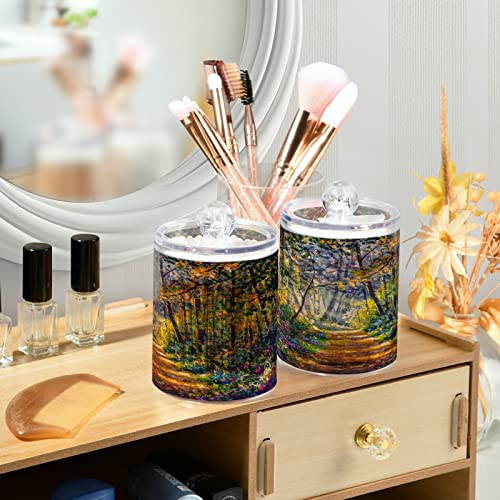 ALAZA 2 Pack Cotton Swab Holder with Lid Oil Painting Purple Flower Road Qtip Cotton Buds Ball Dispenser Bathroom Containers Canister Organizer Storage Jar