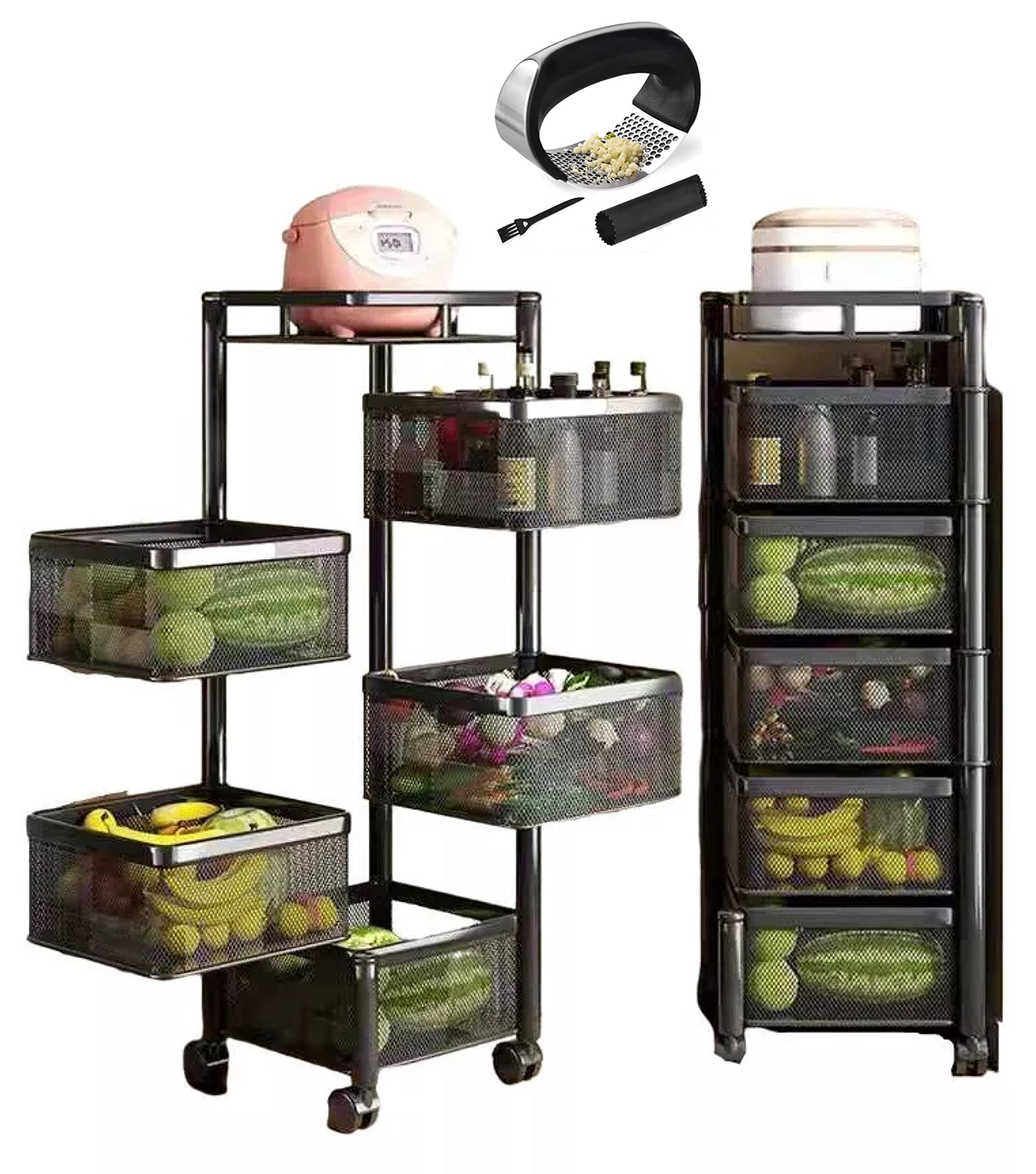 5-Tier Rotating Storage Rack, Fruit and Vegetable Cart, Fruit Basket for Kitchen, Pantry Storage Cart, Rotating Storage Rack, Rotating Storage Shelf, Fruit Rack with Wheels + Free Garlic Press Mincer