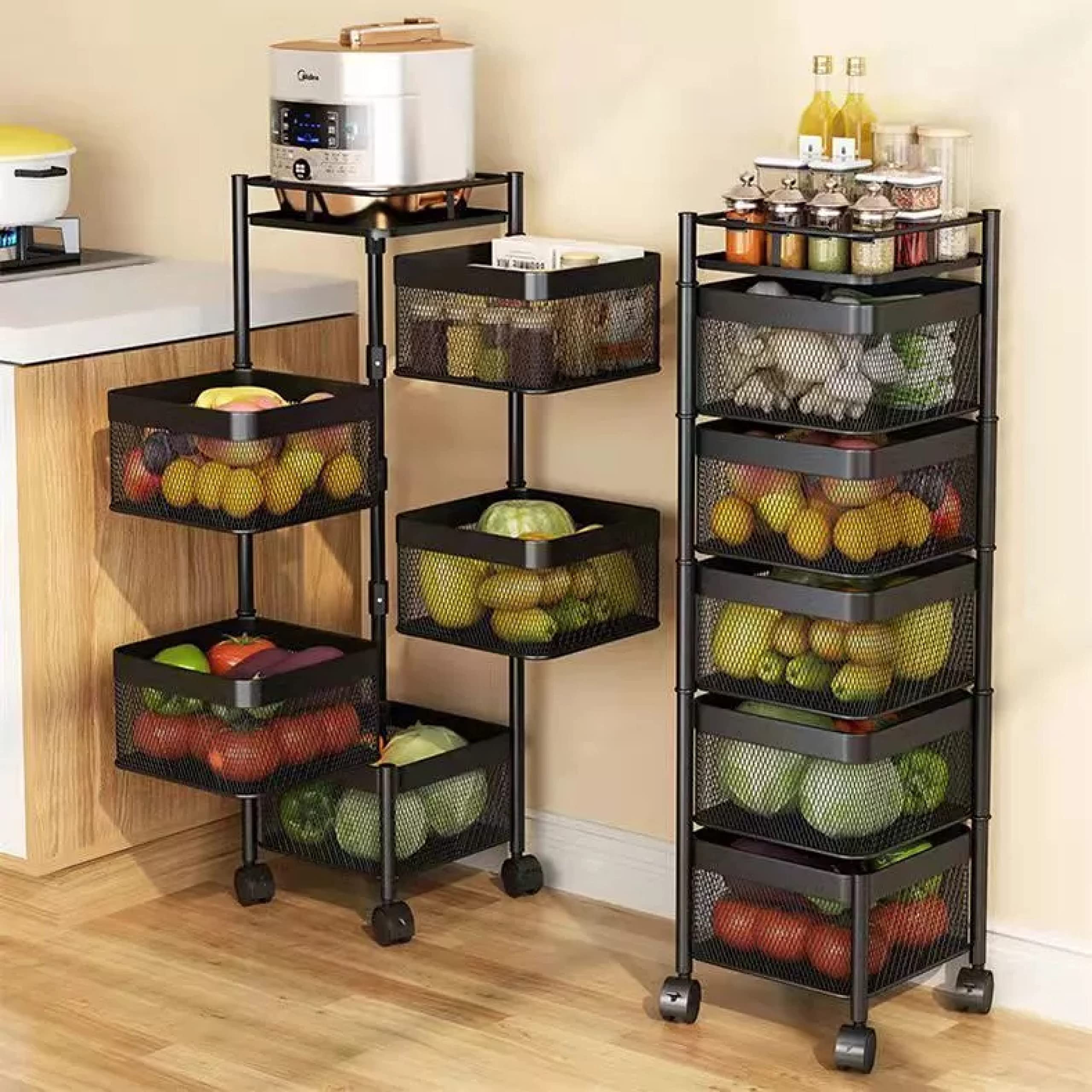 5-Tier Rotating Storage Rack, Fruit and Vegetable Cart, Fruit Basket for Kitchen, Pantry Storage Cart, Rotating Storage Rack, Rotating Storage Shelf, Fruit Rack with Wheels + Free Garlic Press Mincer