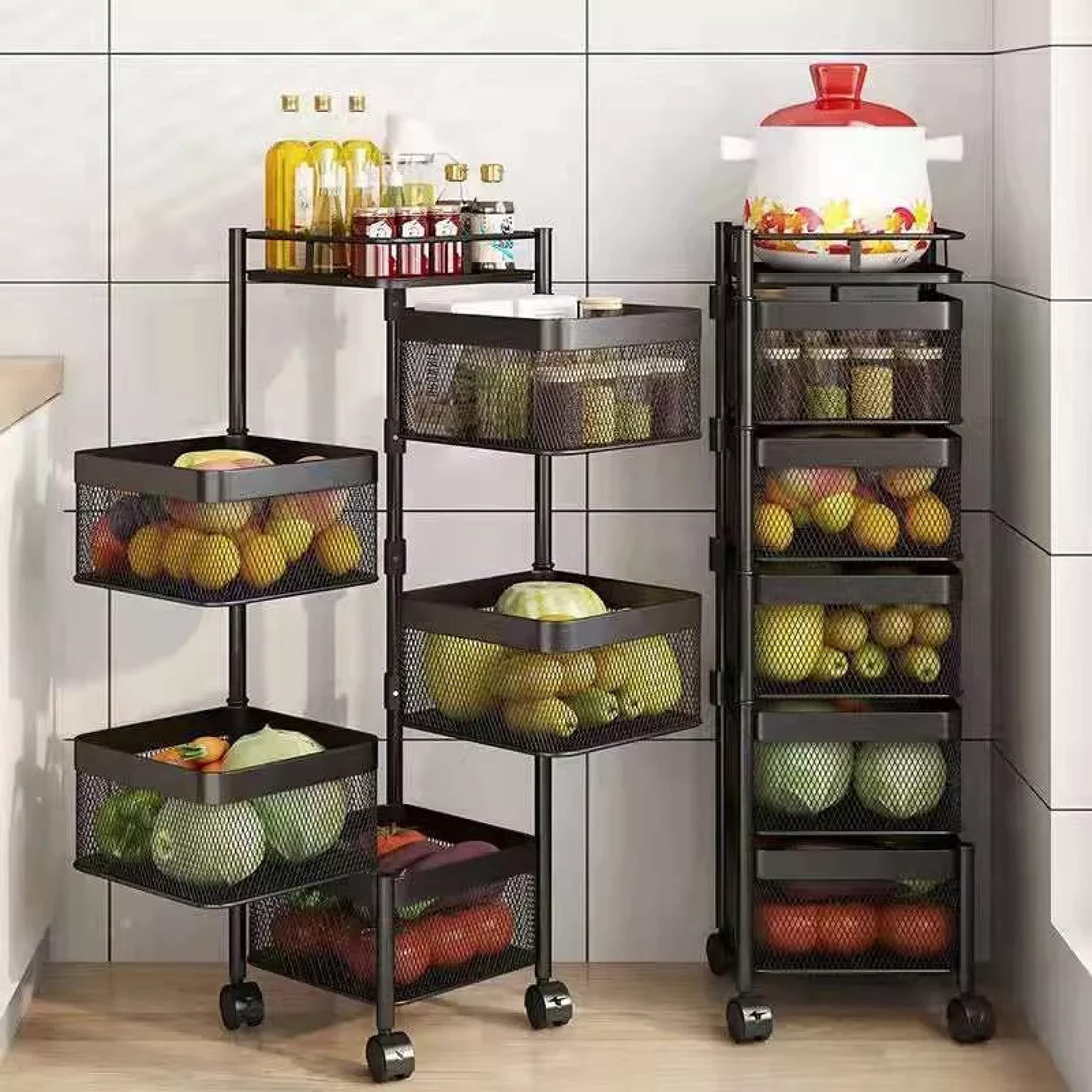 5-Tier Rotating Storage Rack, Fruit and Vegetable Cart, Fruit Basket for Kitchen, Pantry Storage Cart, Rotating Storage Rack, Rotating Storage Shelf, Fruit Rack with Wheels + Free Garlic Press Mincer