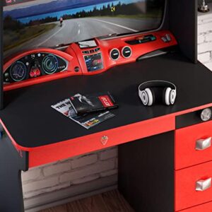 Cilek Study Desk and Hutch with Cabinet EV Car Dashboard Design, Extra Shelves, Soft-Close Drawers, Red