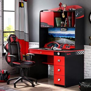 Cilek Study Desk and Hutch with Cabinet EV Car Dashboard Design, Extra Shelves, Soft-Close Drawers, Red