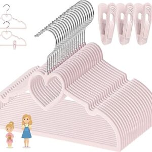 Kids Pink Velvet Clips Hangers - 13inch 50 Pack Toddler Hanger with 20pcs Movable Clips, Stackable Non-Slip Heart Flocked Hangers Fit for Baby and Children Clothes, Heavy-Duty and Space-Saving(Silver)